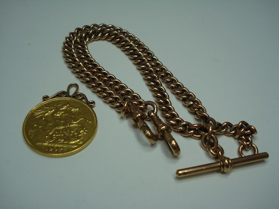 Bonhams : A 9ct gold Albert and Two Pound coin pendant