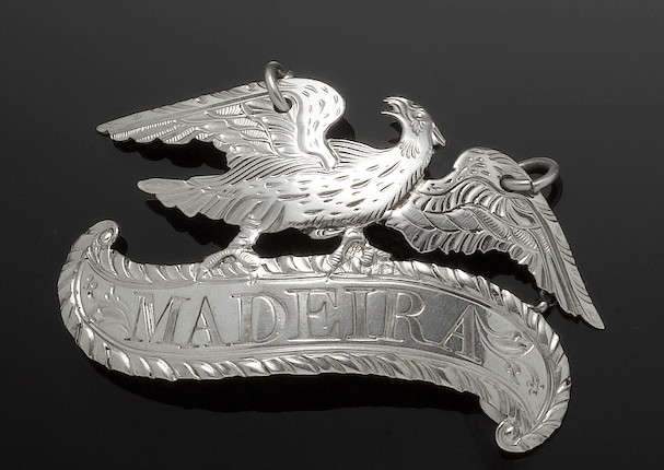 Bonhams : An 18th century silver Heraldic MADEIRA wine label, stamped with lion passant and ...