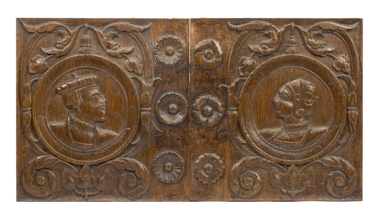 Bonhams : A pair of 16th Century oak 'Romayne' panels