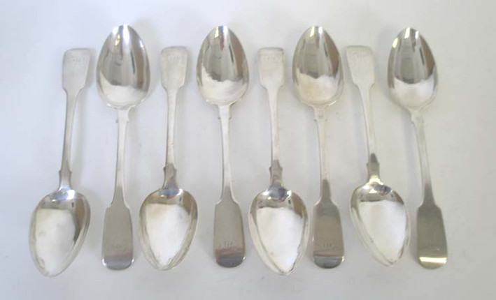 Bonhams : A set of eight William IV silver Fiddle pattern tablespoons, by Jonathan Hayne, London ...
