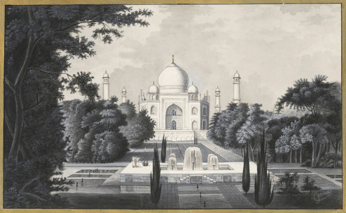 Bonhams : AGRA A View of the Taj Mahal, pen, ink and wash, nineteenth ...