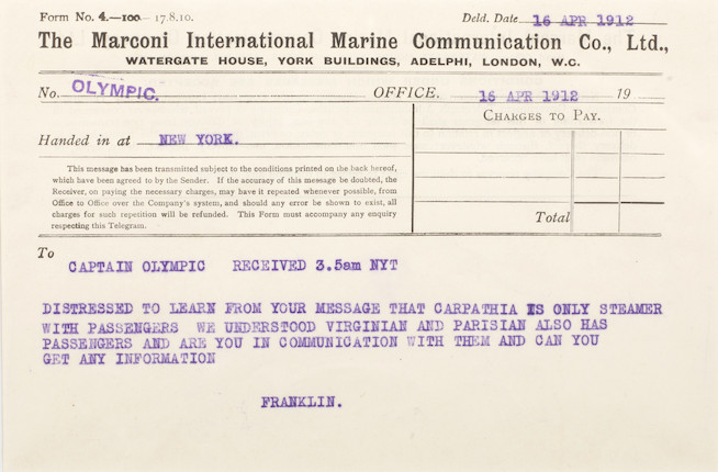 Bonhams : TITANIC DISASTERMARCONI MESSAGES 32-37. A group of six ...
