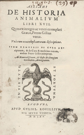 Bonhams : AELIANUS (CLAUDIUS) De historia animalium libri XVII, 1565