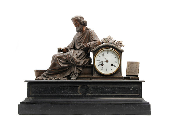 Bonhams : A 19th century French black slate and spelter mantel clock ...