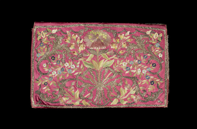 Bonhams : An embroidered red silk Ottoman Purse Turkey, 18th Century