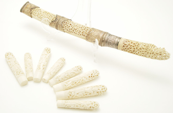 Bonhams : A collection of eight ivory knife handles and an ivory dagger ...