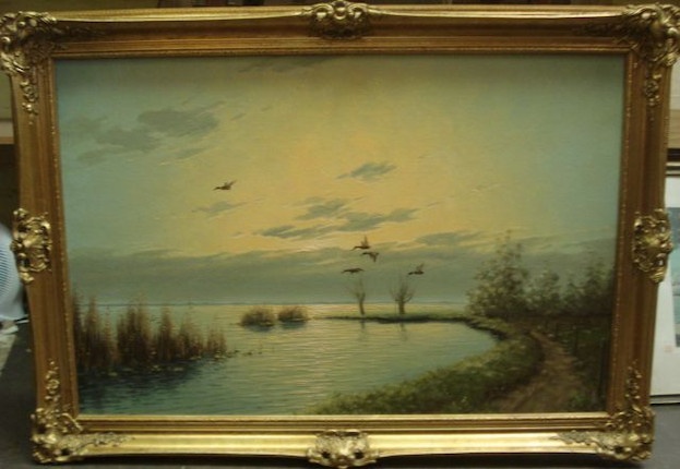 Bonhams : G Brouwer, Contemporary Ducks alighting from a water landscape, 60 x 90cm,