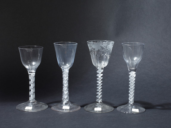 Bonhams Four Opaque Twist Wine Glasses Circa 1760