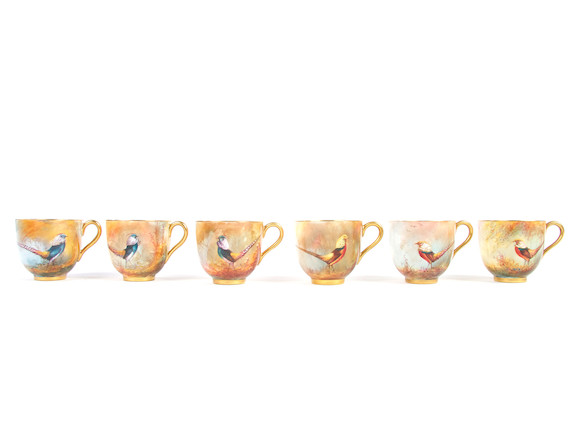Bonhams : A cased set of six Royal Worcester coffee cans and saucers by Walter Sedgley, dated 1926