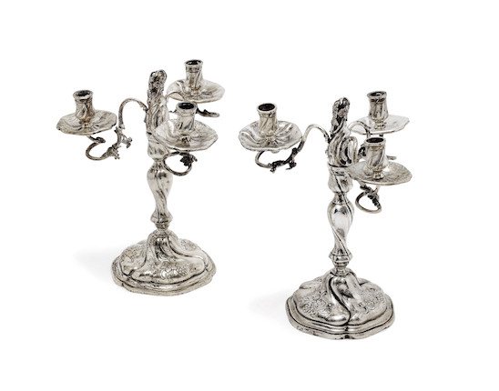 Bonhams : A pair of 19th century Continental silver three-light ...