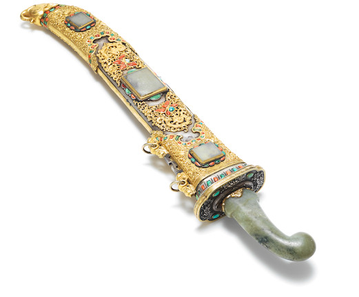 Bonhams : A gilt bronze and jade, coral and turquoise-inlaid sword and ...