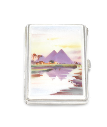 Bonhams : An Egyptian silver and enamelled 'sphinx' cigarette case with ...