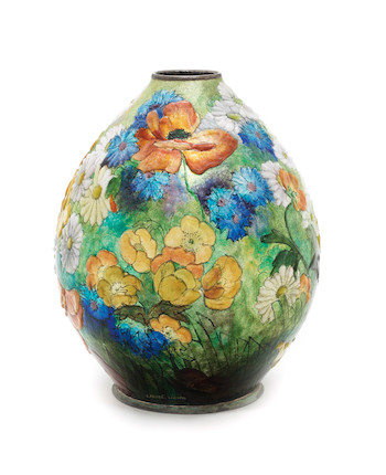 Bonhams : An Camille Fauré Art Deco Enamelled Metal Vase with Flower ...