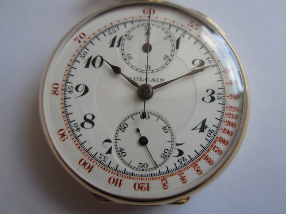 Bonhams : Vulcain. An 18K gold keyless wind open face chronograph ...