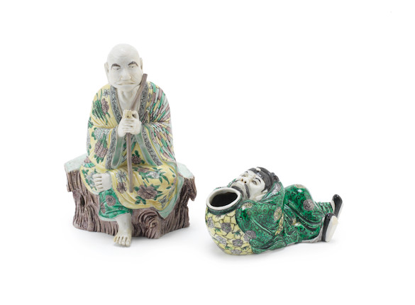 Bonhams : Two famille verte biscuit models of a Luohan and Li Taibo ...