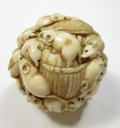 Bonhams : An ivory sphere carved with rats and an octopus Meiji
