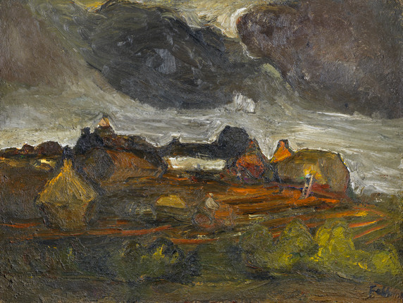Bonhams : Sheila Fell R.A. (British, 1931-1979) Farm in a Field 76.5 x 101.7 cm. (30 1/4 x 40 in.)
