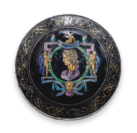 Bonhams : A 19th century Limoges enamel charger decorated with a scene of Artemis and Apollo ...