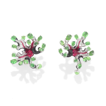 Bonhams : DIOR LACQUER, GREEN GARNET AND TOURMALINE 'MILLY CARNIVORA POISONUS' RING AND EARCLIP ...