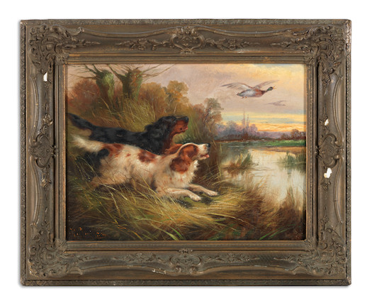 Bonhams : Robert Cleminson (British, 1864-1903) Spaniels flushing mallards; Gun dog with ...