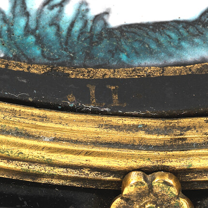 Bonhams : A Limoges grisaille and turquoise shaded enamel circular plaque depicting the ...