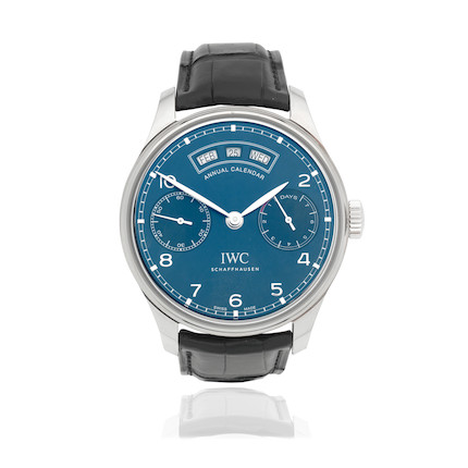 Bonhams : IWC. A stainless steel automatic annual calendar wristwatch ...