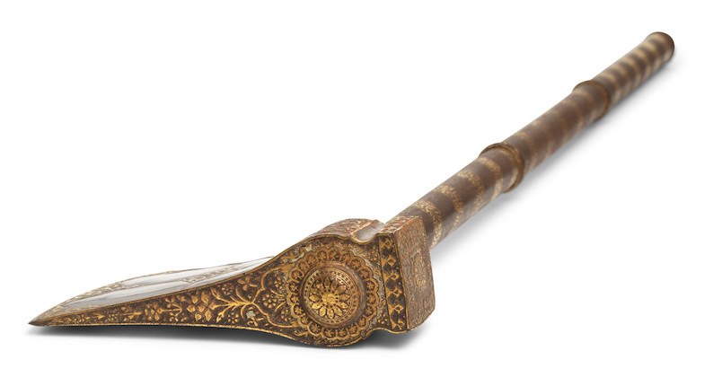 Bonhams : A fine Mughal gold-koftgari watered-steel saddle axe ...