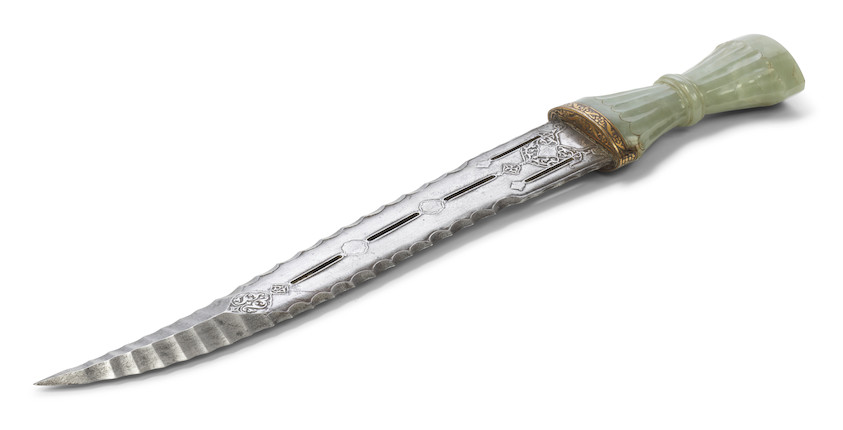 Bonhams : A fine Mughal jade-hilted watered-steel dagger (khanjar) North India, 17th Century