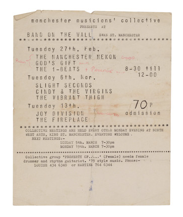 Bonhams : Joy Division A Manchester Musicians Collective Flyer, 1979,