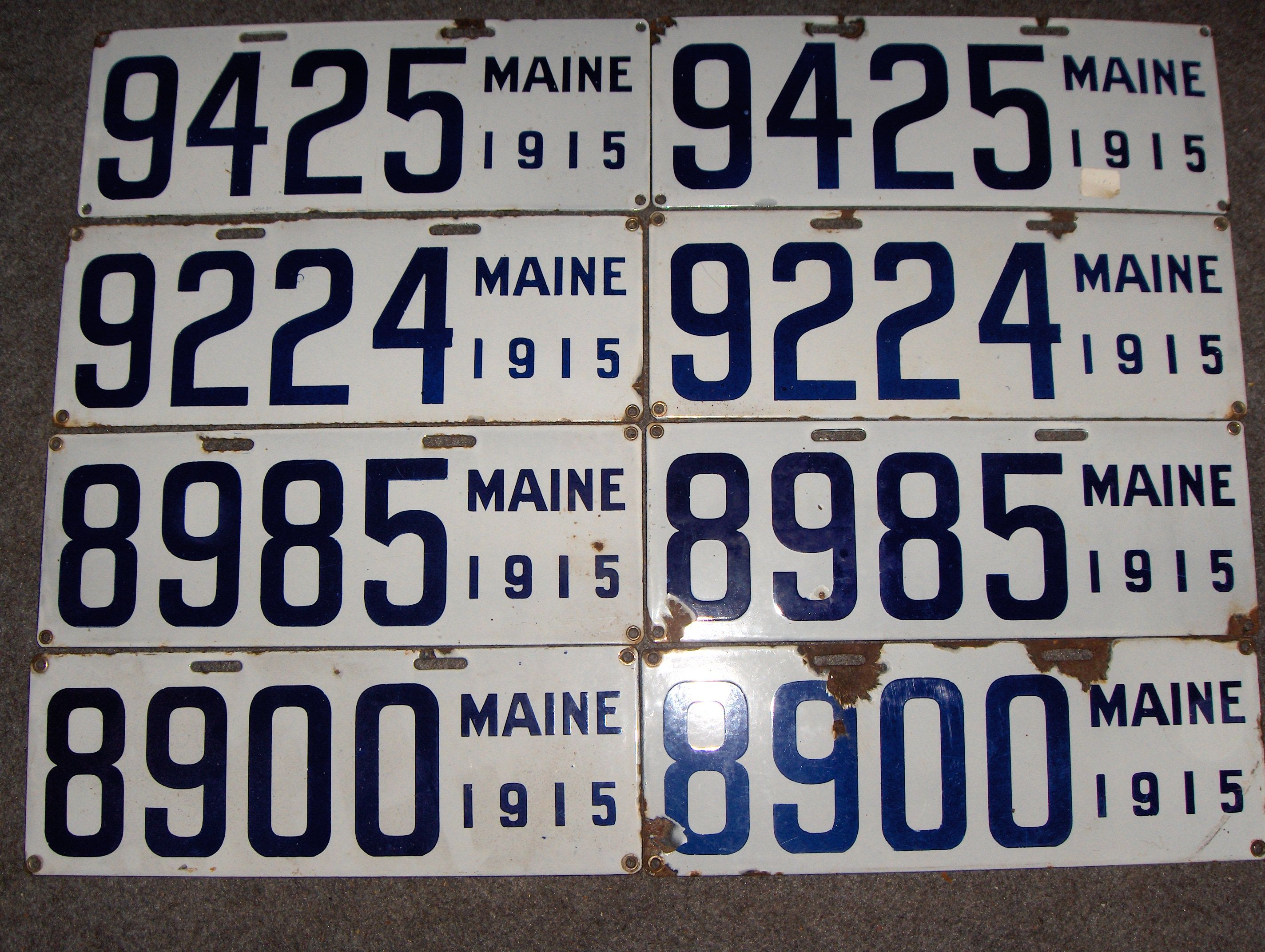 Bonhams Cars : Four pairs of 1915 porcelain enamel Maine license plates,,