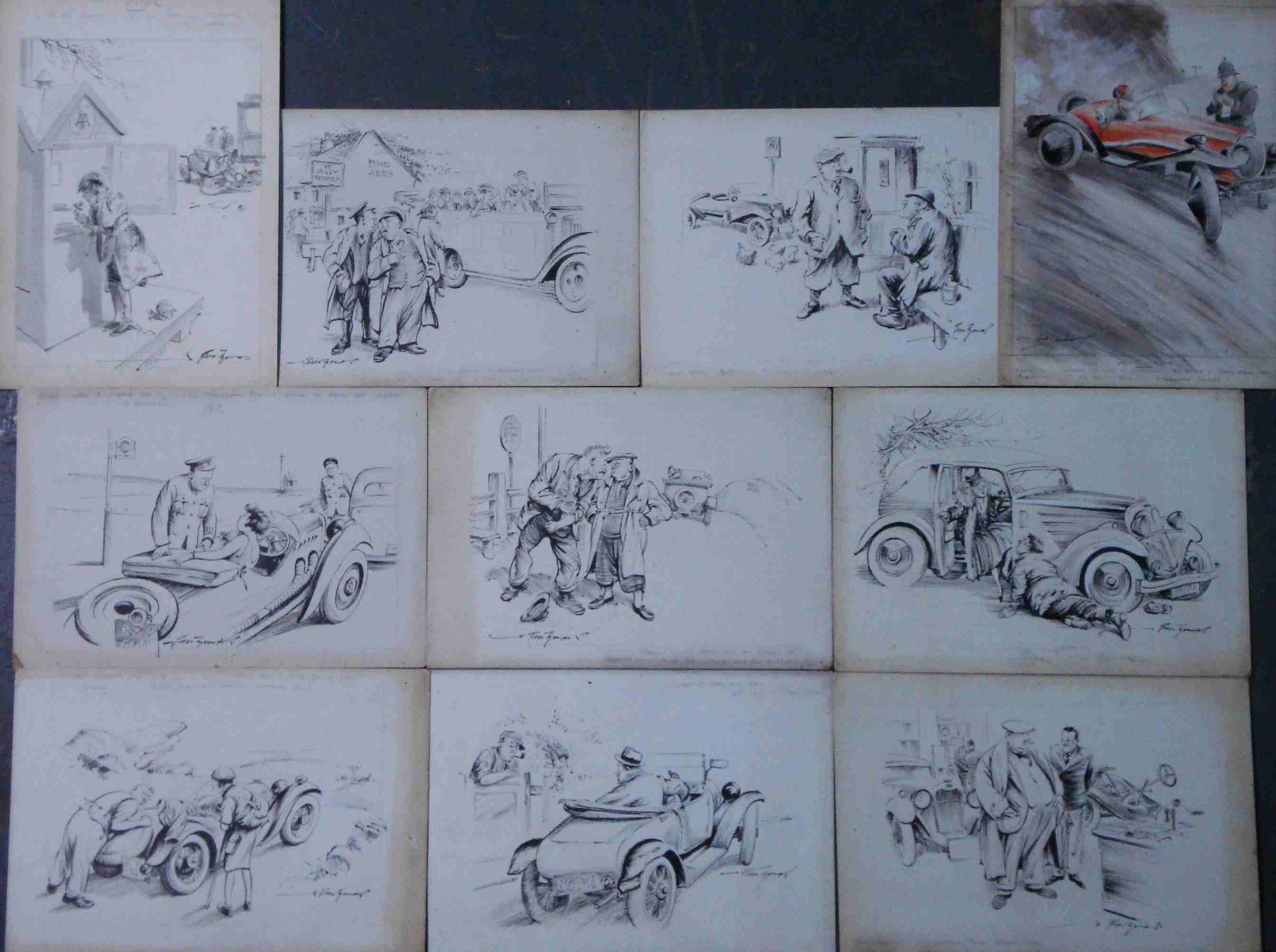 Bonhams Cars : Bert Thomas MBE (1883-1966), ten assorted motoring cartoons,