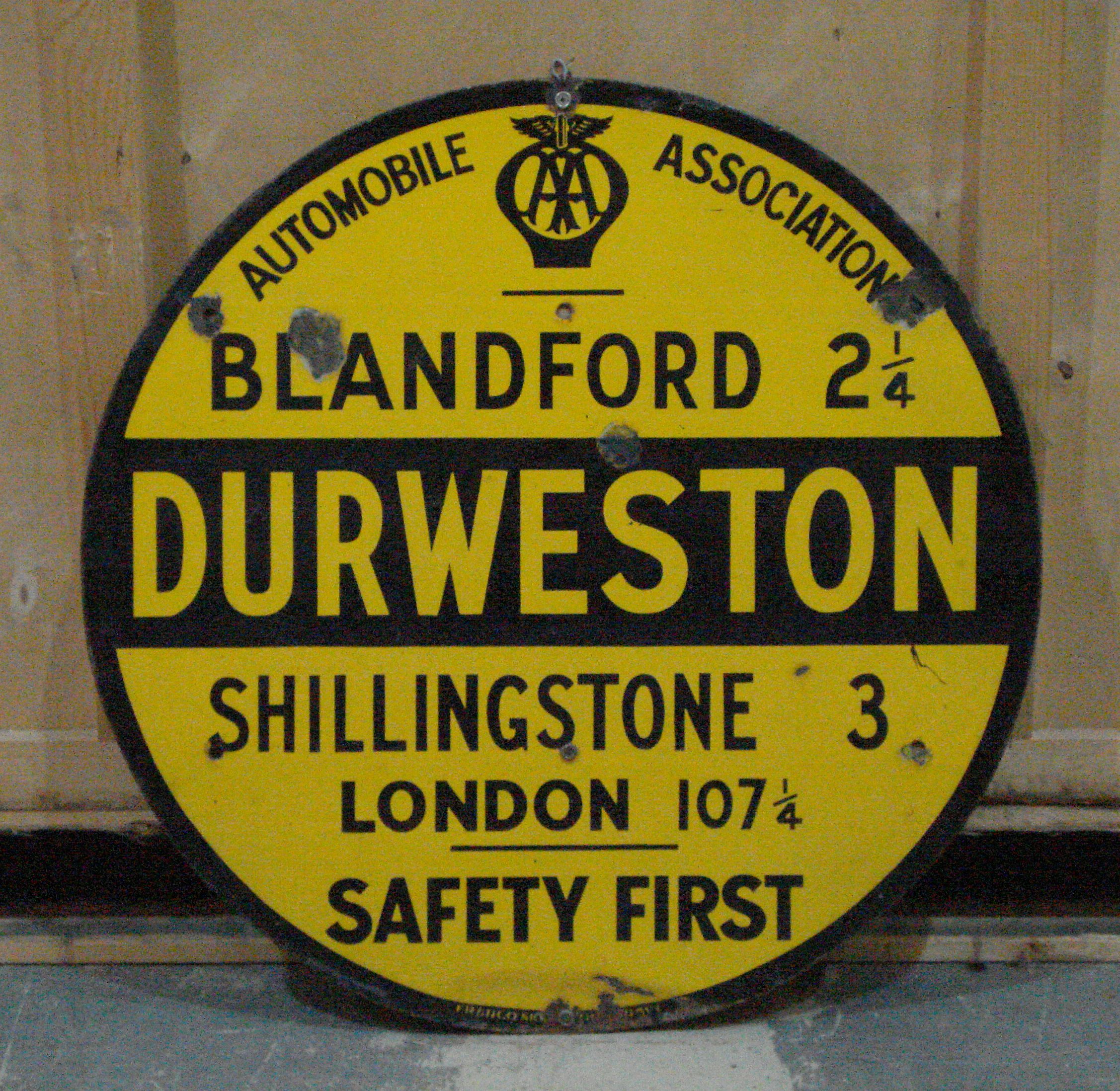 Bonhams Cars : An 'AA - Durweston' circular enamel sign,