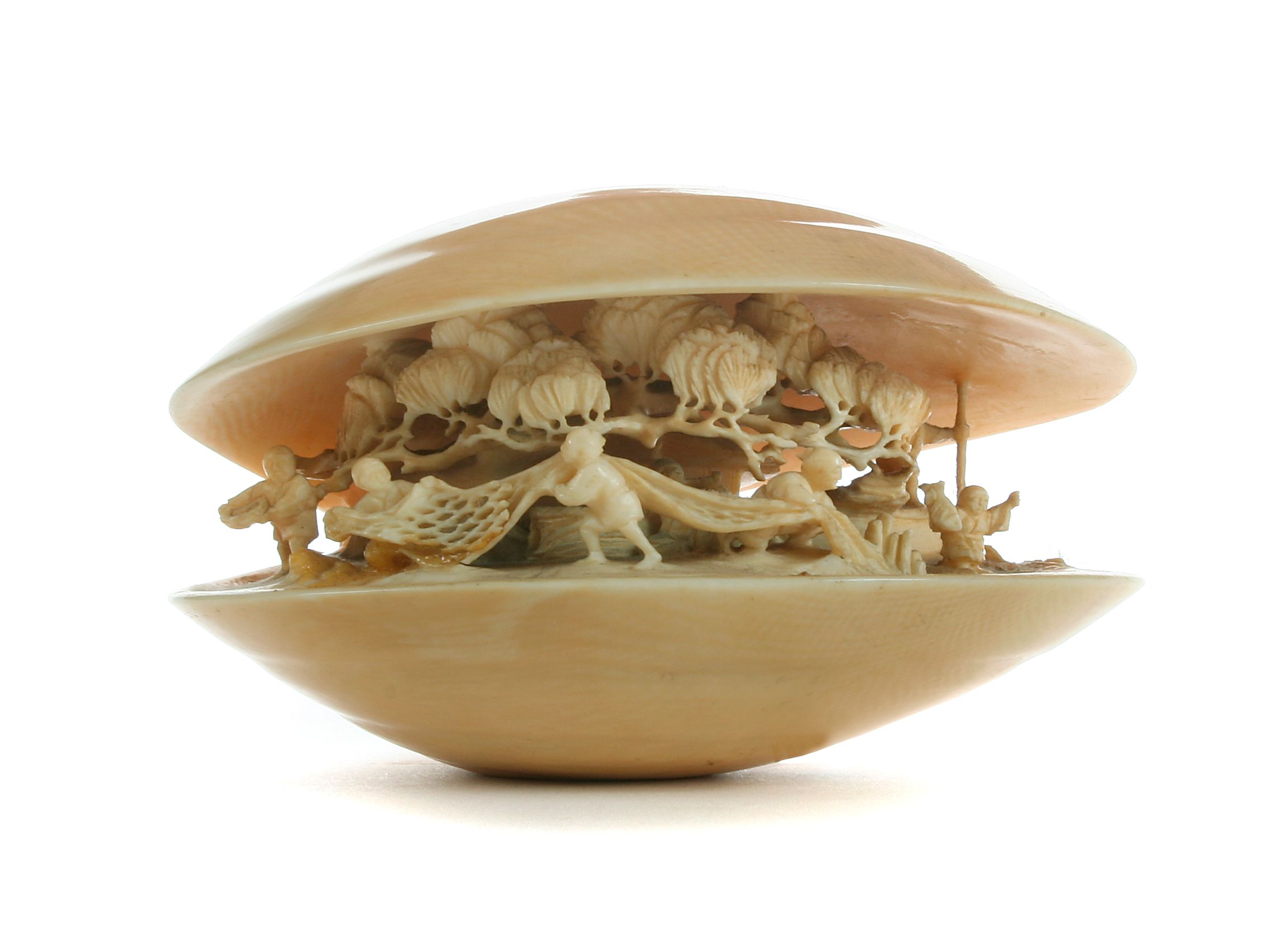 Bonhams : A stained Japanese ivory anabori netsuke of a clam's dream by ...