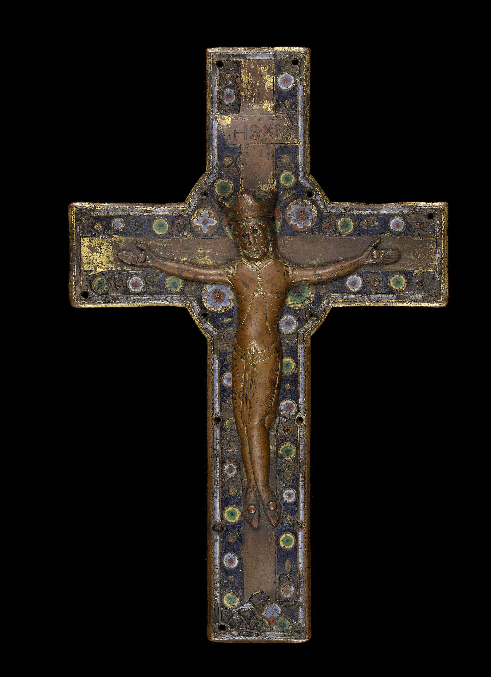 Bonhams : A Limoges first half 13th century gilt and champlevé enamelled copper cross with an ...