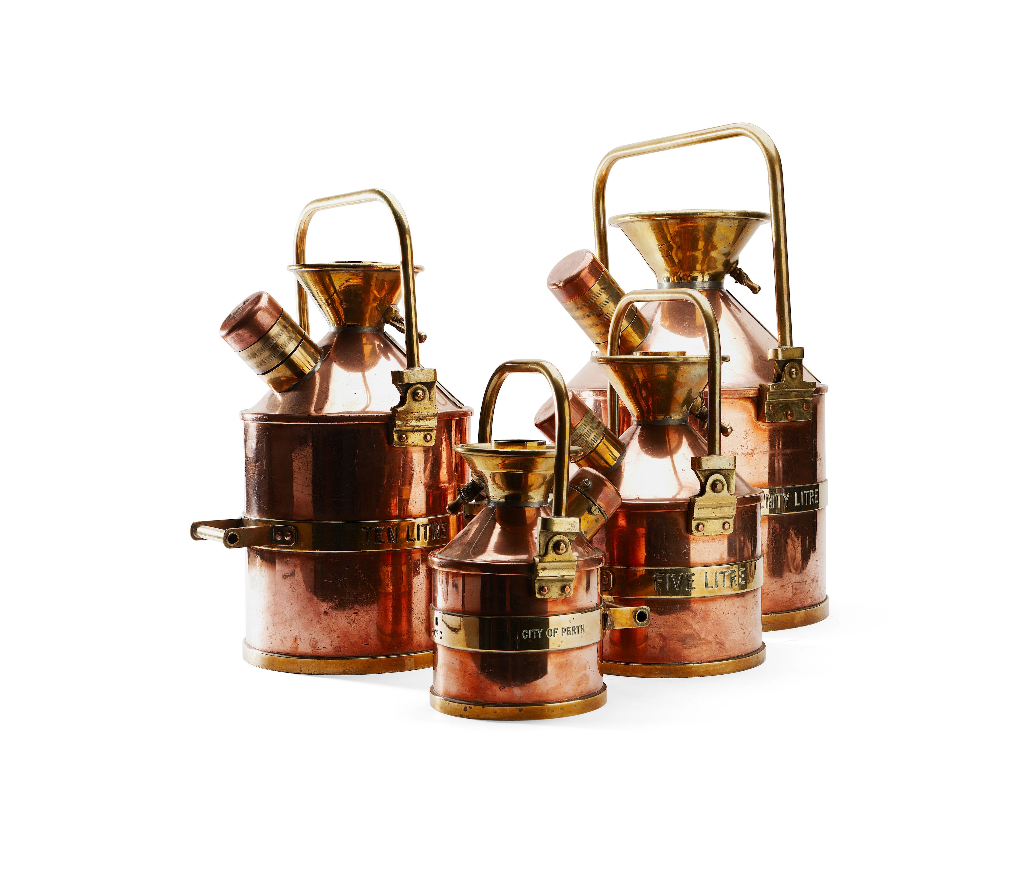 Bonhams : Seven copper and brass mounted petrol forecourt measures For ...
