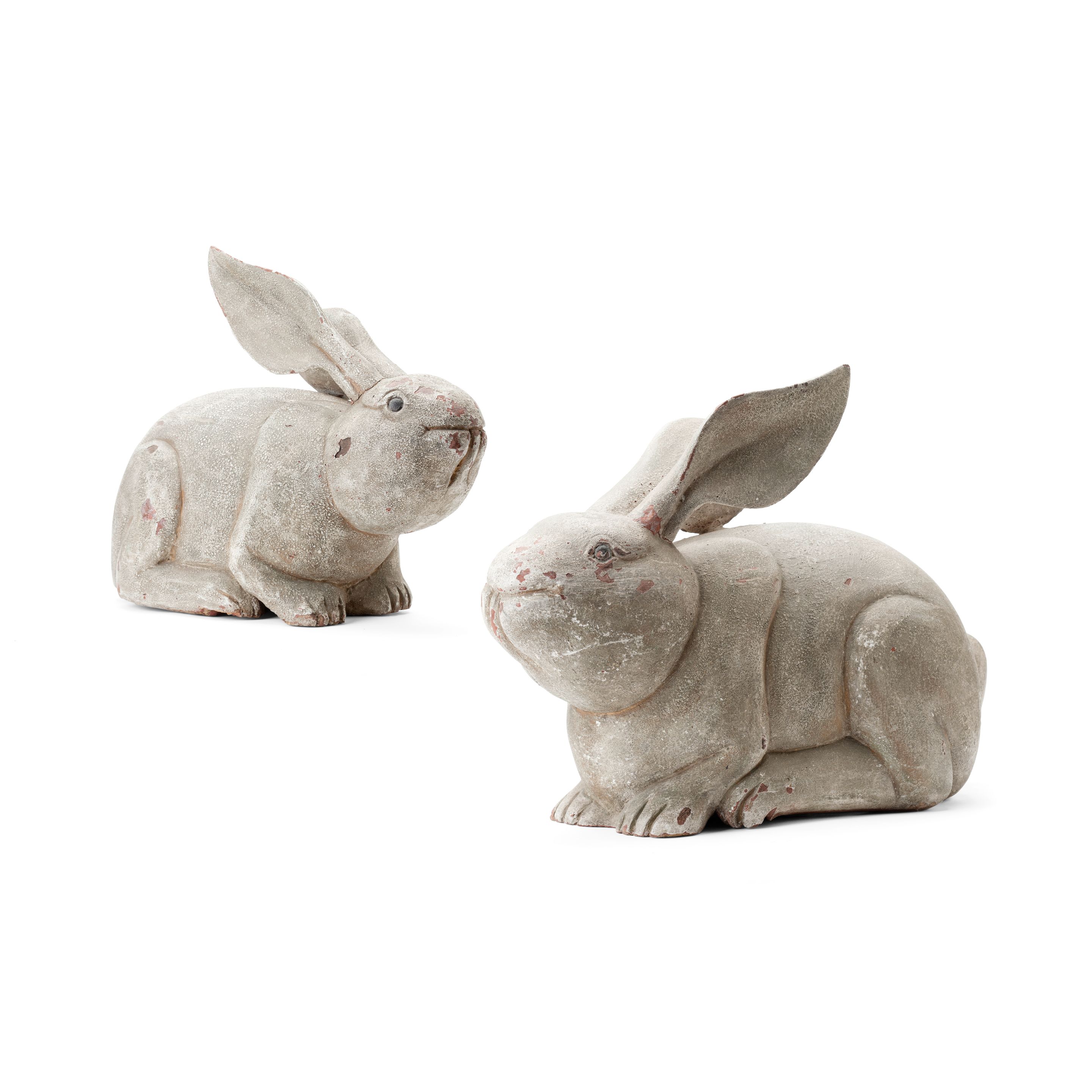 Bonhams : A pair of large carved wood rabbits Probably 19th century