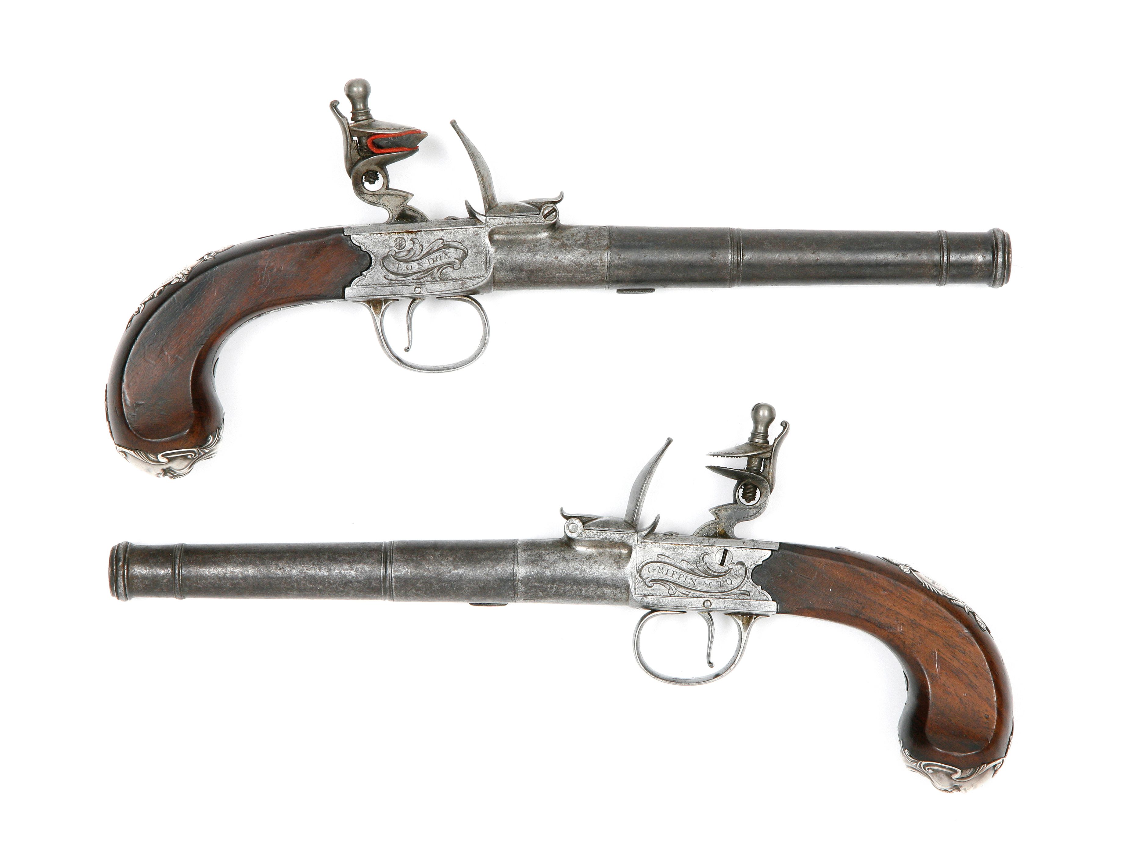 Bonhams : A Cased Pair Of 22-Bore Silver-Mounted Flintlock Box-Lock Pistols