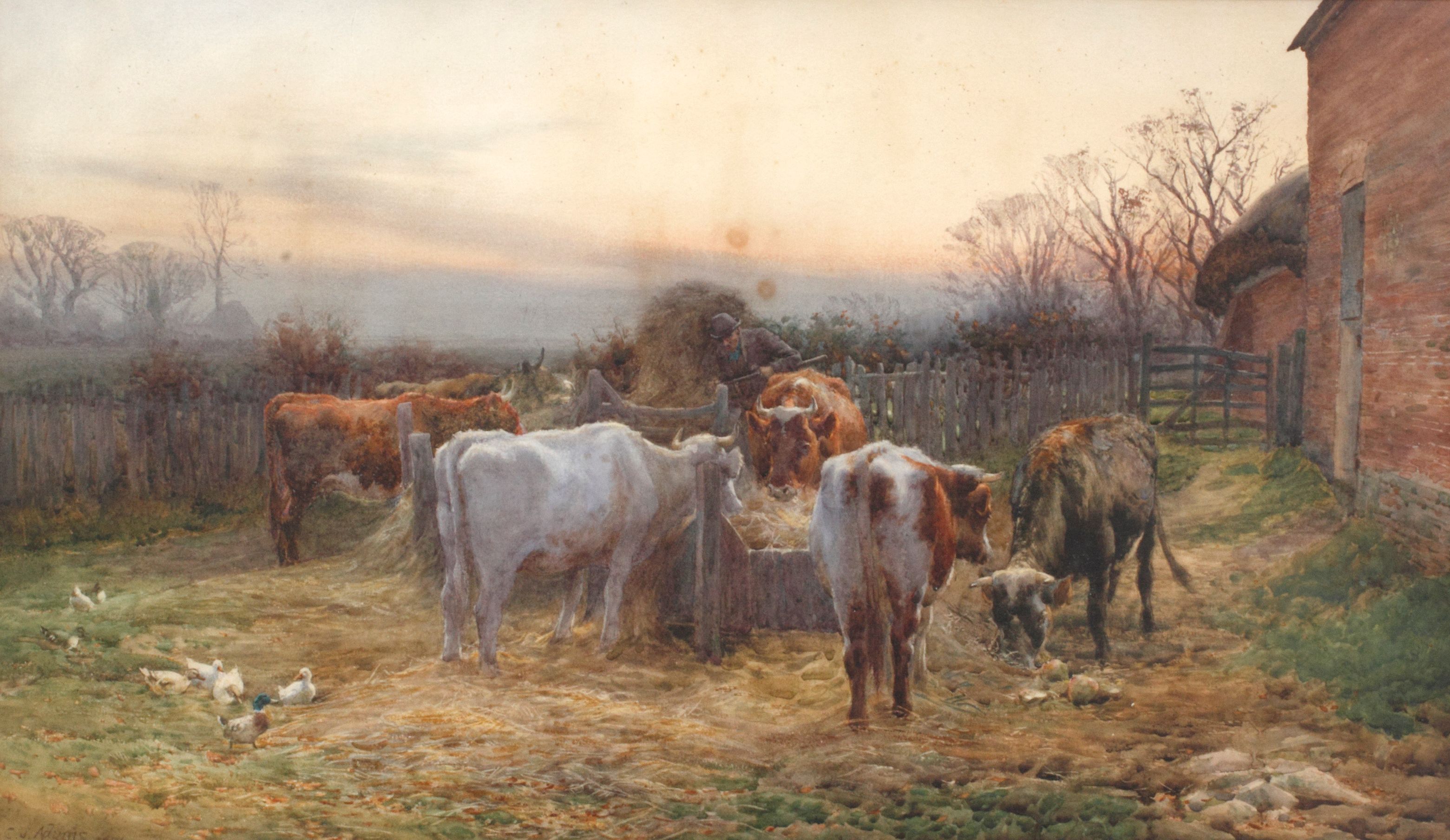 Bonhams : Charles James Adams (British 1859-1931) Feeding the cattle at ...
