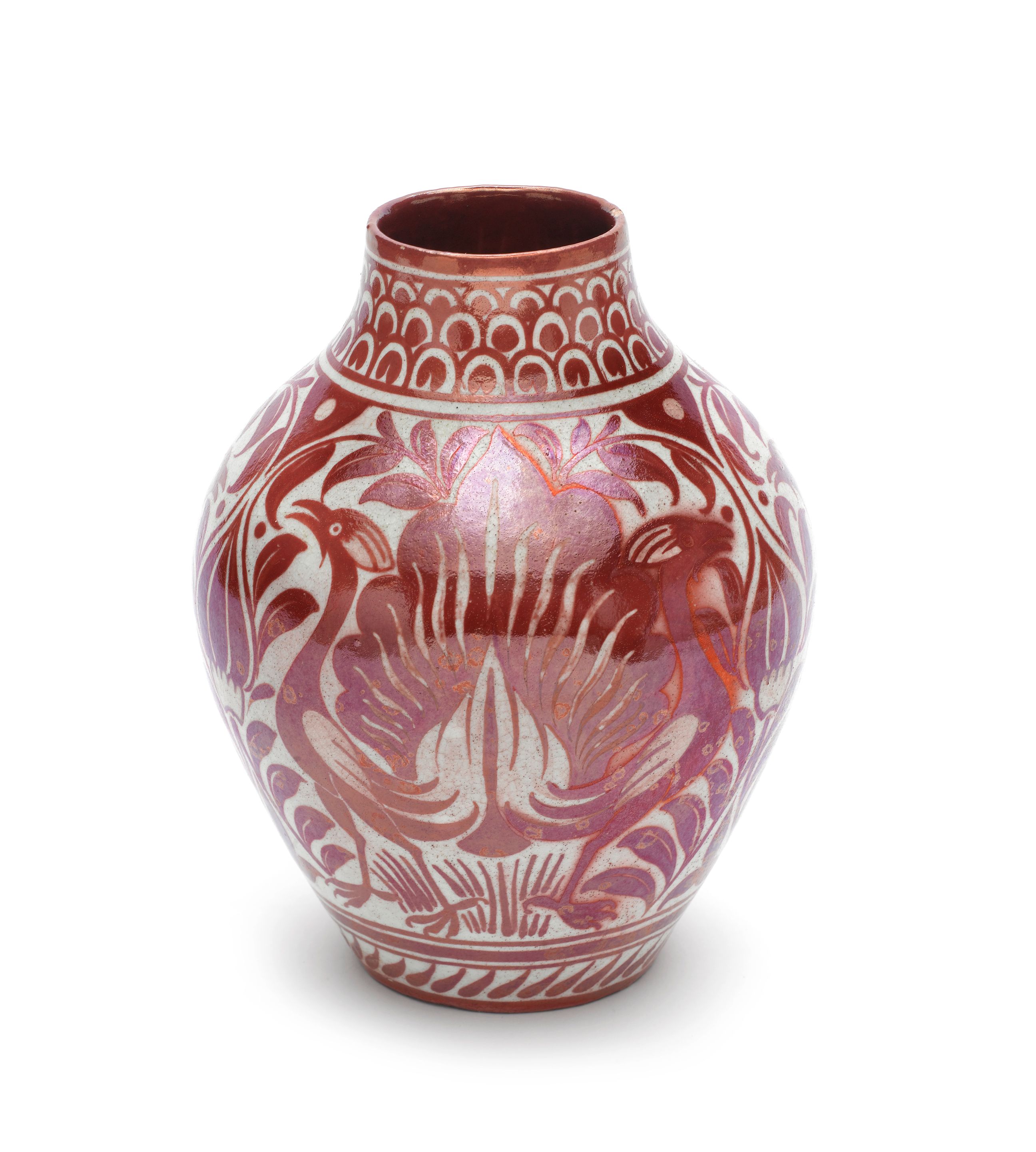 Bonhams : William De Morgan a Ruby Lustre Vase with Exotic Birds, circa 1890