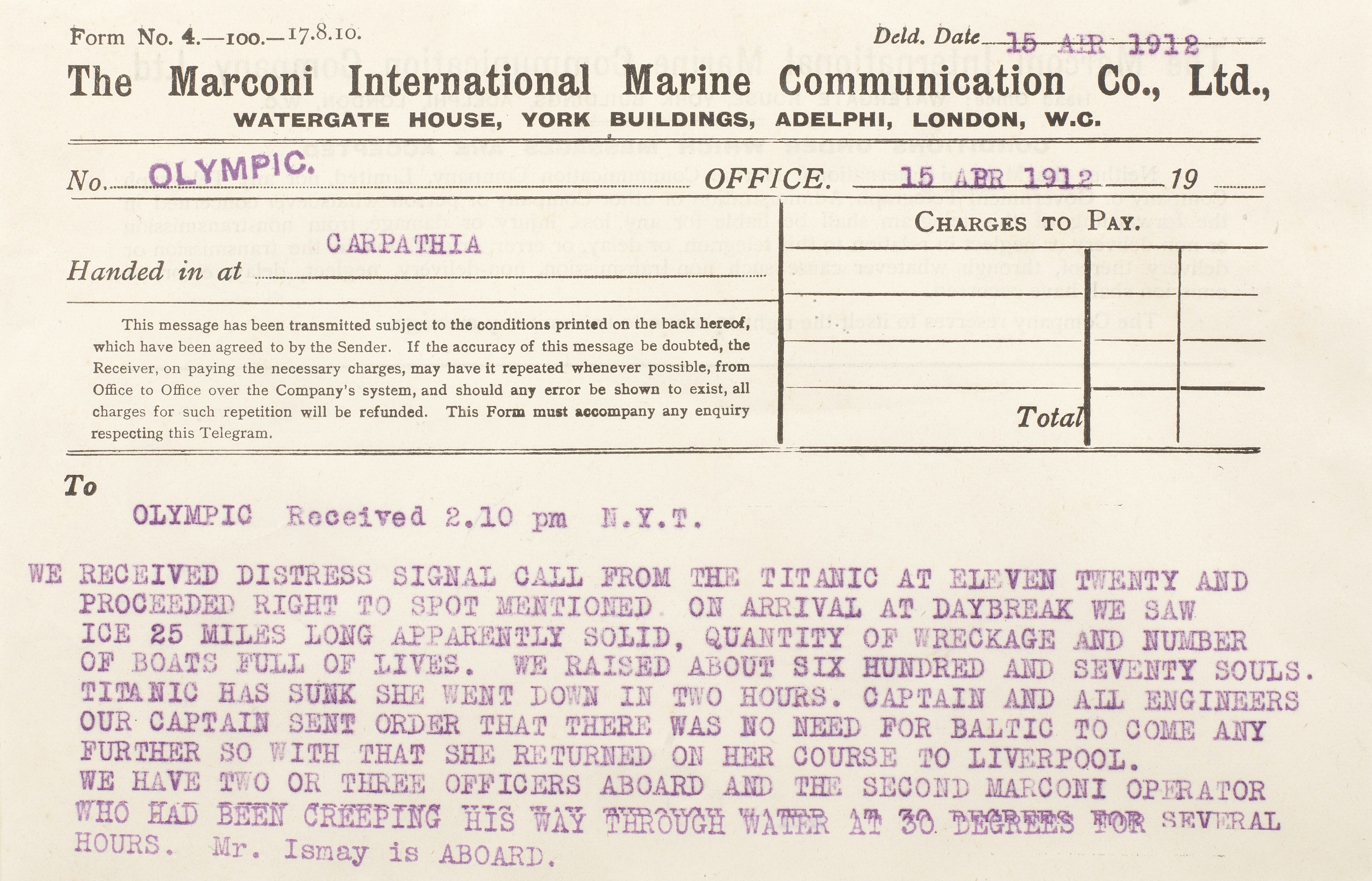 Bonhams : TITANIC A group of 3 framed Marconi messages documenting the ...