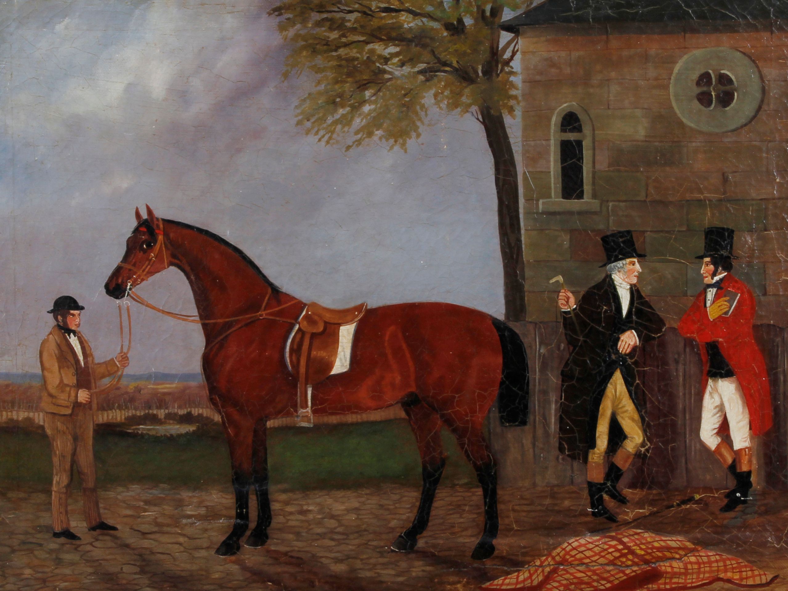 Bonhams : English Naive School, (circa 1840) A hunter with groom and ...