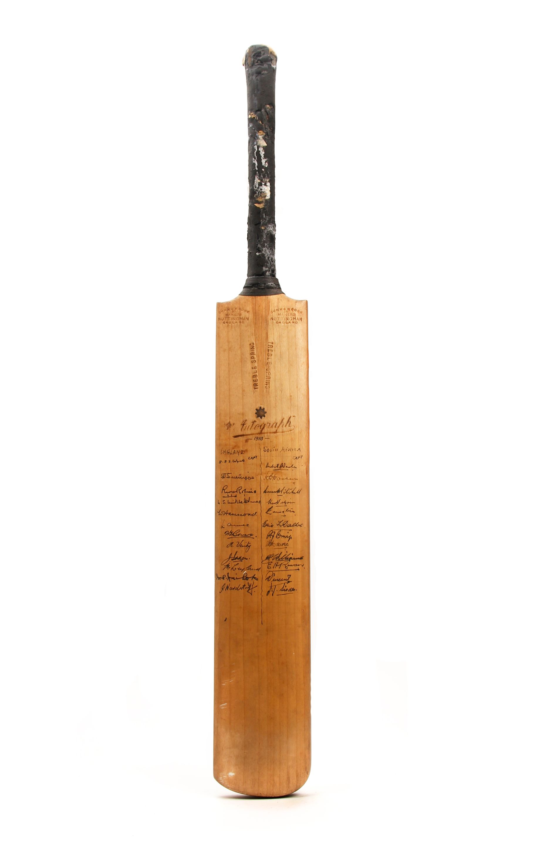 Bonhams : 1938 England and South Africa hand signed cricket bat