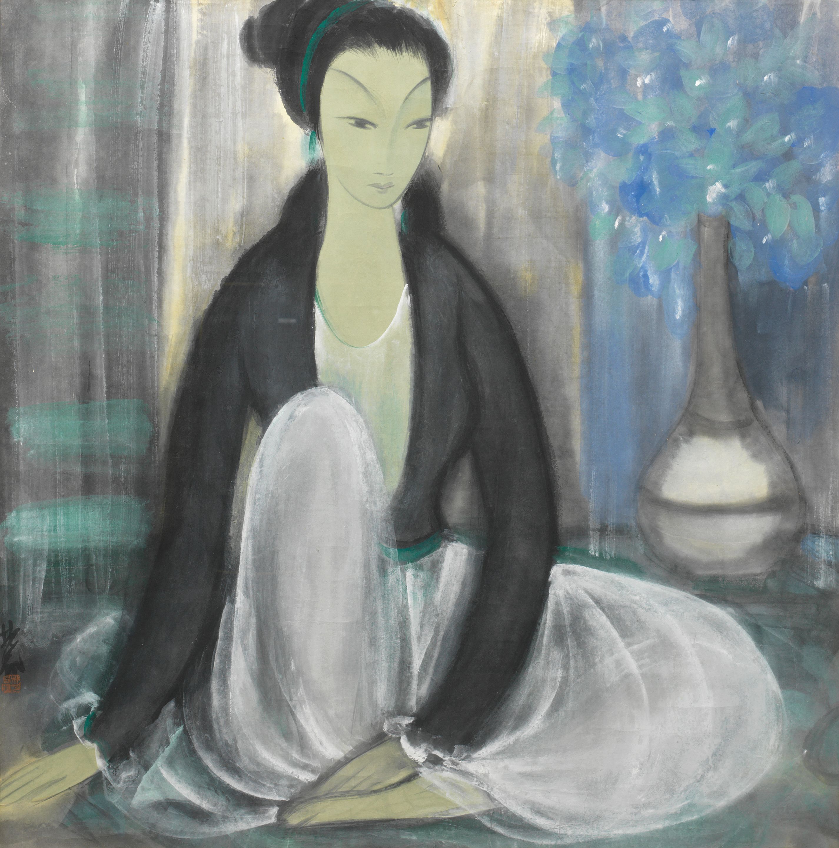 Bonhams : Lin Fengmian (1900-1991) Seated Lady with Flowers