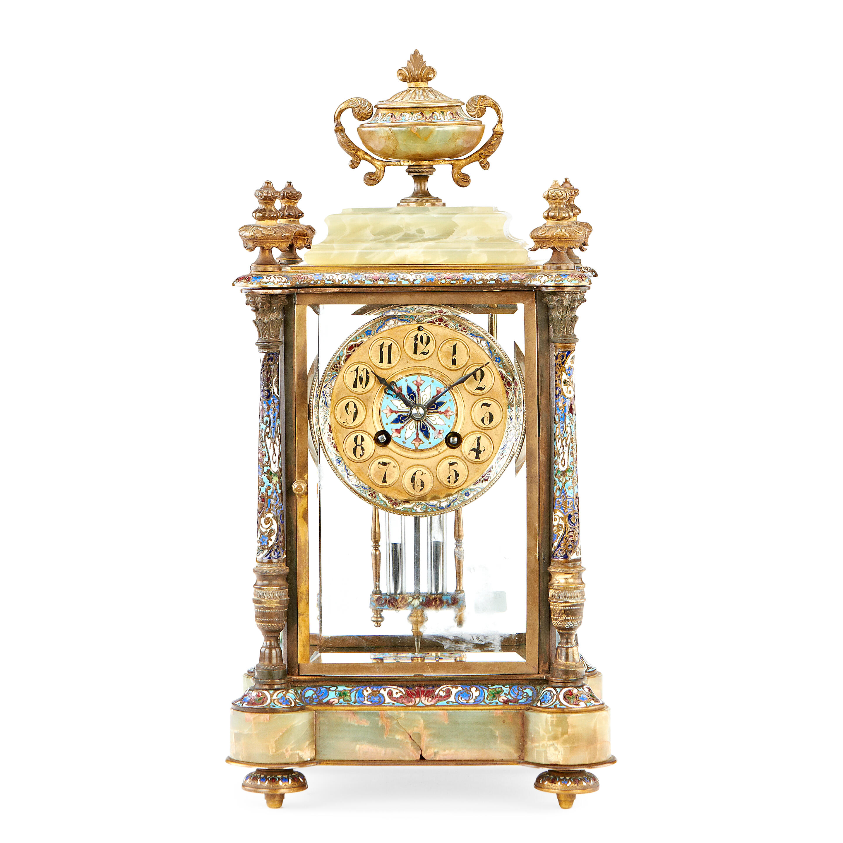 Bonhams : A late 19th century French onyx, gilt metal and champlevé enamel four glass clock