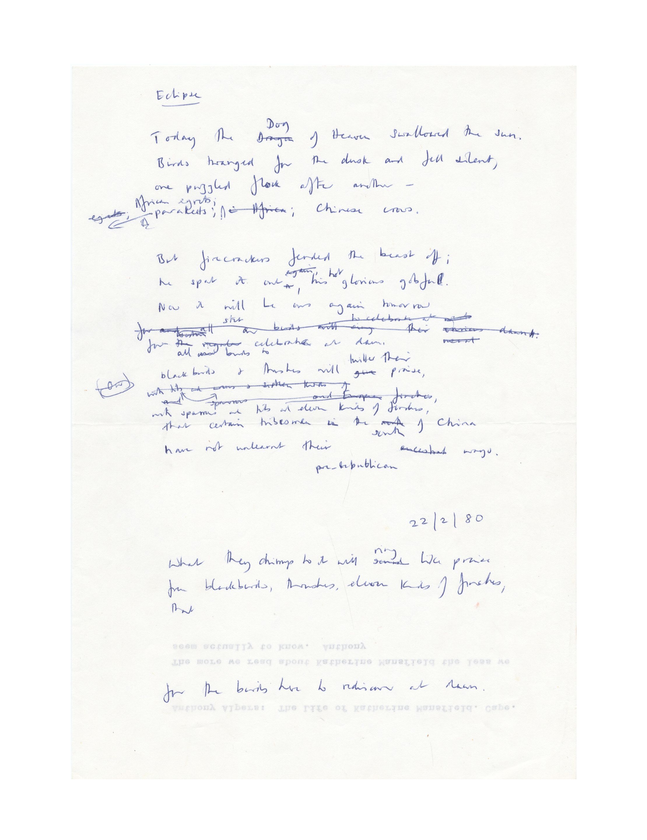 Bonhams : ADCOCK, FLEUR (b. 1934) AUTOGRAPH WORKING PAPERS OF HER POEM ...