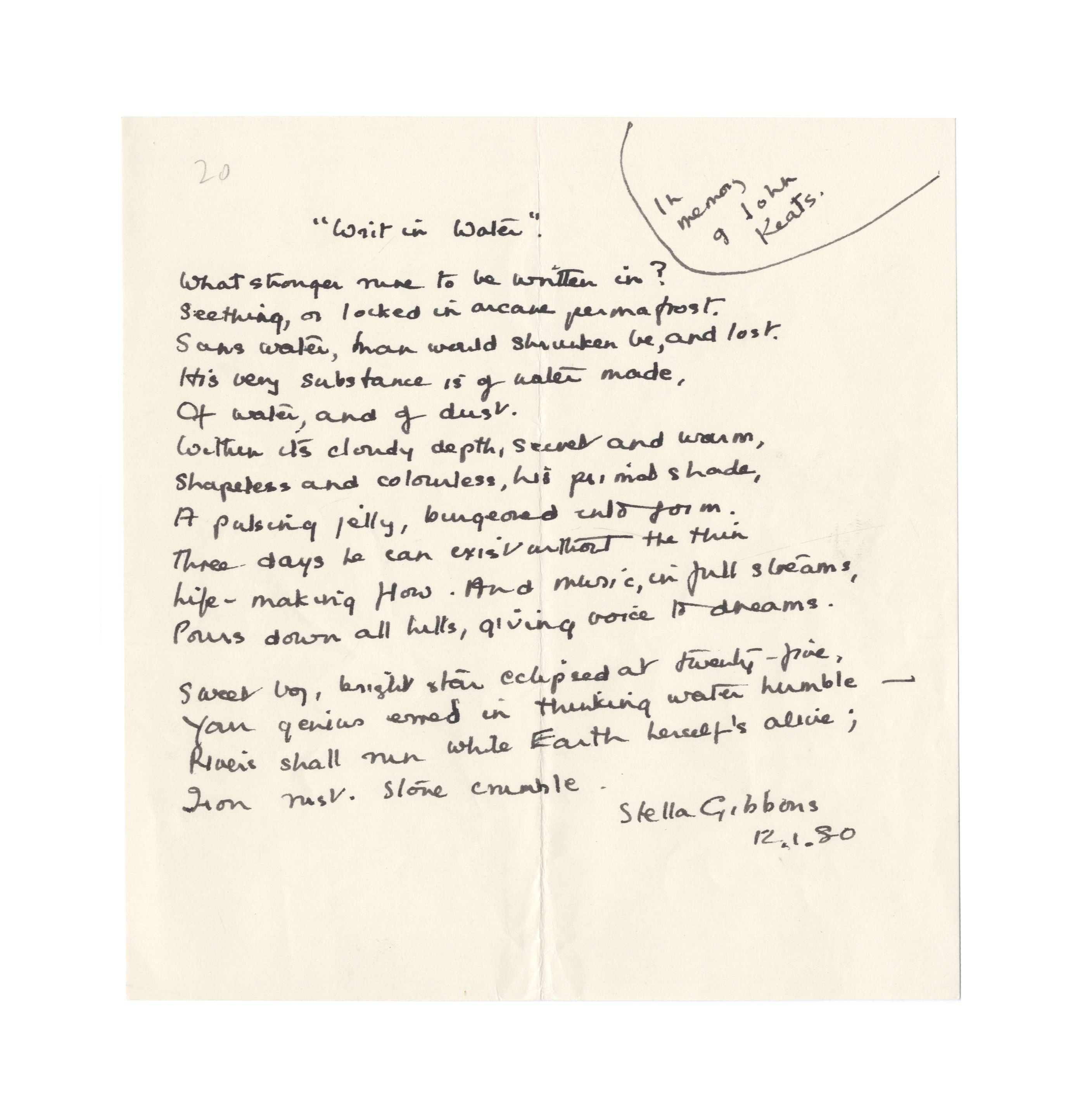 Bonhams : GIBBONS, STELLA (1902-1989) AUTOGRAPH MANUSCRIPT OF HER POEM ...
