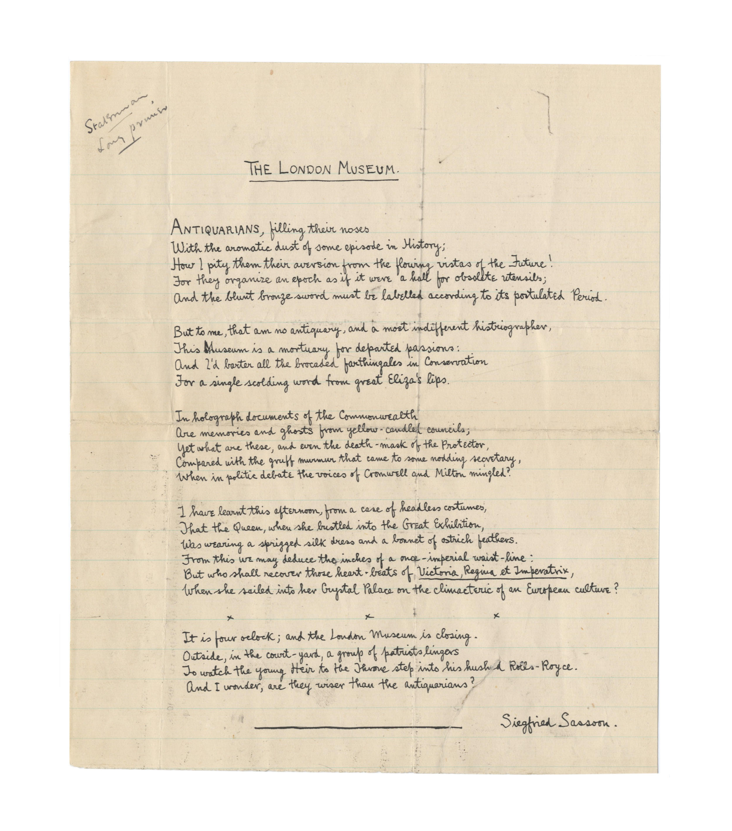 Bonhams Sassoon Siegfried 1886 1967 Autograph Manuscript Of His Poem The London Museum