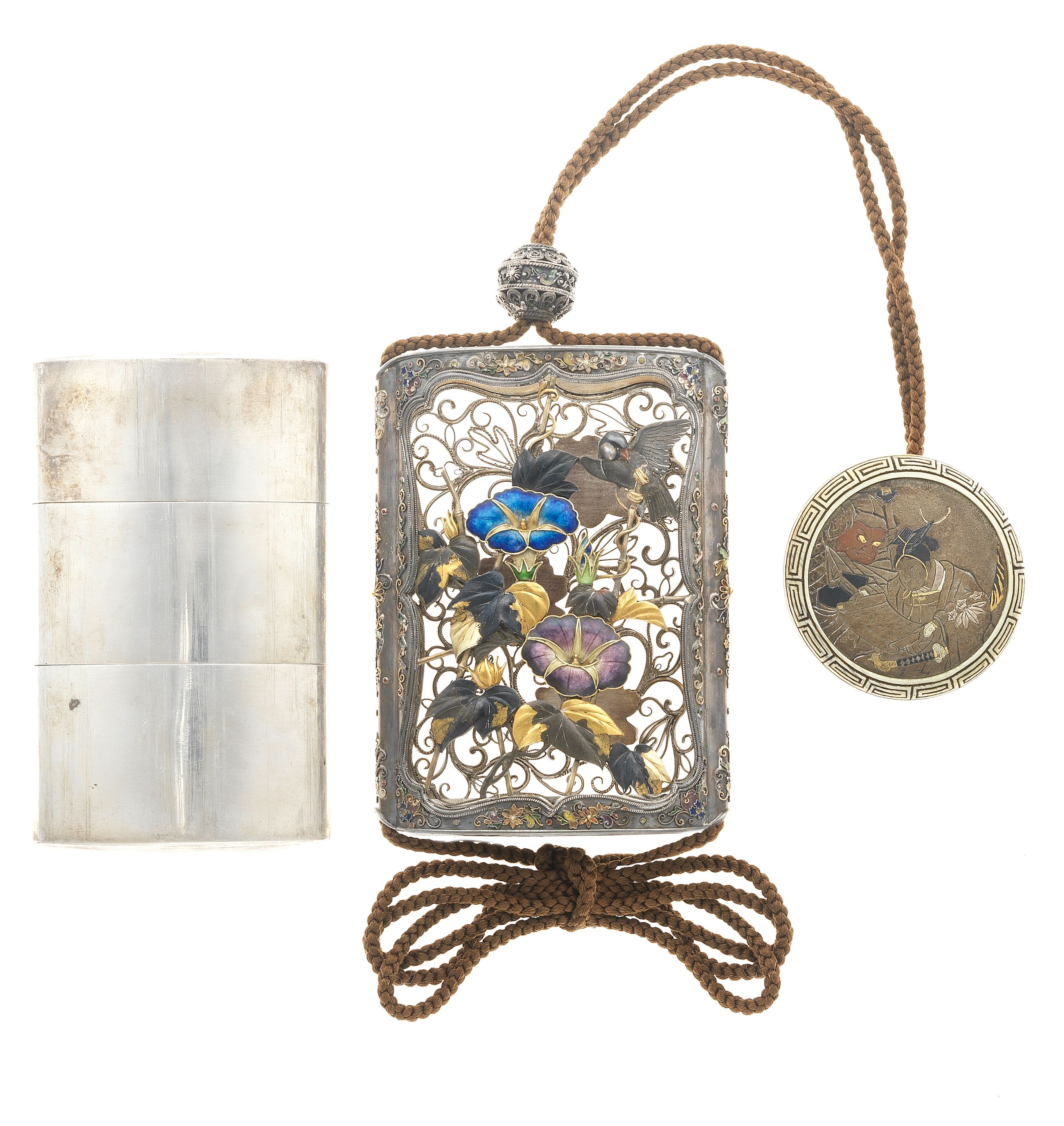Bonhams : A fine silver and enamel saya inro Meiji Period