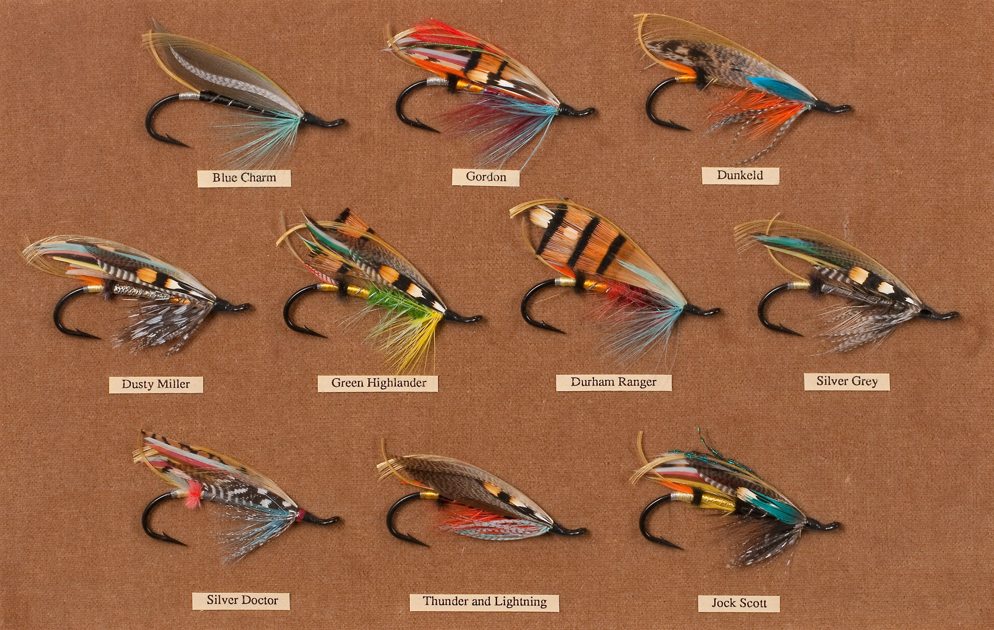 Bonhams : A framed display of ten classic salmon flies 'Salmon Collection'