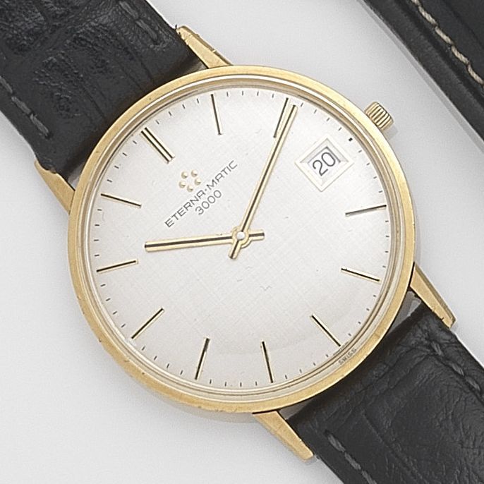 Bonhams : Eterna-matic. An 18ct gold automatic calendar wristwatch 3000, Case No.6071554, Circa 1965